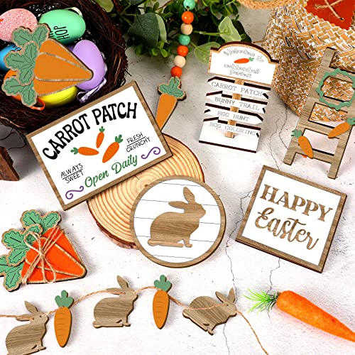 12 Pcs Easter Tiered Tray Decor Wooden Carrot Patch Bunny Egg Items Happy Easter Tray Signs for Spring Home Farmhouse Rustic Kitchen Decorations (Wooden Bunny)