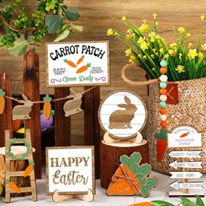 12 Pcs Easter Tiered Tray Decor Wooden Carrot Patch Bunny Egg Items Happy Easter Tray Signs for Spring Home Farmhouse Rustic Kitchen Decorations (Wooden Bunny)