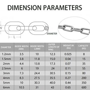 Stainless Steel Safety Chains 20in (L) x 3MM (T) Long Link Chain Rings Light Duty Coil Chain for Hanging Pulling Towing (3mm*50cm-1 Pack)