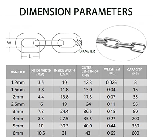 Stainless Steel Safety Chains 20in (L) x 3MM (T) Long Link Chain Rings Light Duty Coil Chain for Hanging Pulling Towing (3mm*50cm-1 Pack)