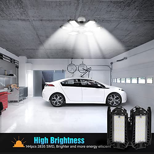 BRAINIAC 80W LED Garage Lights, 8000 Lumen LED Light Bulb with 6 Adjustable Panels, 6500K Daylight Light Bulbs Fixture Garage Lighting LED Deformable Garage Ceiling Lights for Workshop Basement