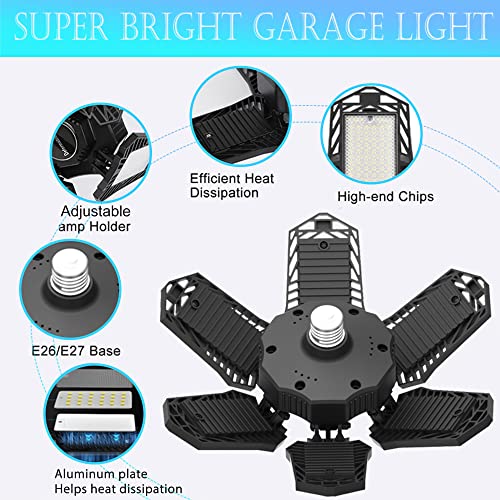 BRAINIAC 80W LED Garage Lights, 8000 Lumen LED Light Bulb with 6 Adjustable Panels, 6500K Daylight Light Bulbs Fixture Garage Lighting LED Deformable Garage Ceiling Lights for Workshop Basement