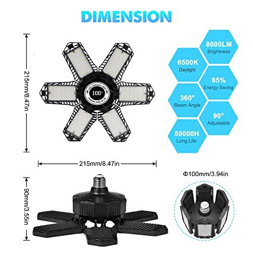 BRAINIAC 80W LED Garage Lights, 8000 Lumen LED Light Bulb with 6 Adjustable Panels, 6500K Daylight Light Bulbs Fixture Garage Lighting LED Deformable Garage Ceiling Lights for Workshop Basement