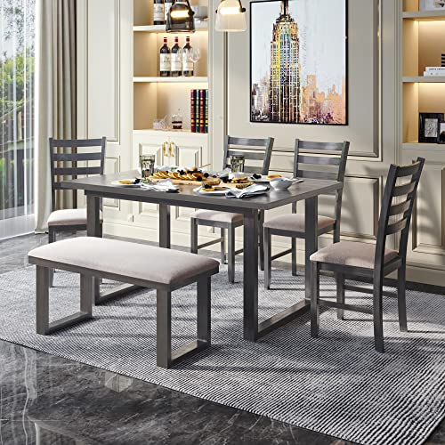 Merax 6-Piece Wooden Dining Table Set with 4 Cushioned Chairs and 1 Bench, Family Furniture for Kitchen, Grey-3-6pcs