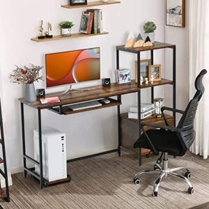 COSTWAY 55.5 Inch Computer Desk, Home Office Desk with Shelves, 2 Drawers, Keyboard Tray & Movable CPU Stand, Study Desk, Writing Workstation, Laptop Table for Small Space, Rustic Brown