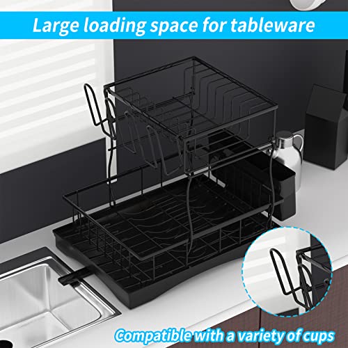 AININUOY Large Dish Drying Rack with Drainboard, 2 Tier Stainless Steel Dish Racks for Kitchen Counter, Dish Drainer with Wine Glass Holder, Drying Rack and Utensils Holder Set (Black)