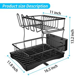 AININUOY Large Dish Drying Rack with Drainboard, 2 Tier Stainless Steel Dish Racks for Kitchen Counter, Dish Drainer with Wine Glass Holder, Drying Rack and Utensils Holder Set (Black)