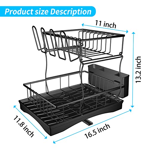 AININUOY Large Dish Drying Rack with Drainboard, 2 Tier Stainless Steel Dish Racks for Kitchen Counter, Dish Drainer with Wine Glass Holder, Drying Rack and Utensils Holder Set (Black)