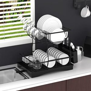 AININUOY Large Dish Drying Rack with Drainboard, 2 Tier Stainless Steel Dish Racks for Kitchen Counter, Dish Drainer with Wine Glass Holder, Drying Rack and Utensils Holder Set (Black)