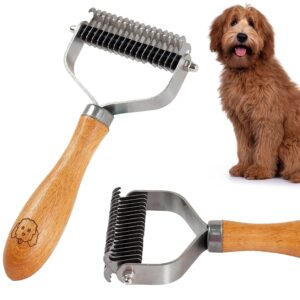 pet dematting comb for dogs and cats with wood handle, deshedding undercoat rake for dogs with stainless steel blades, dog comb for detangling thinning and shedding, all hair types [we love doodles]