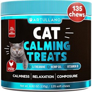 hemp cat calming treats - cat anxiety relief - storm anxiety, Сomposure, grooming, separation, travel - calming aid for cats with hemp oil, l-theanine - cat melatonin - made in usa - 135 soft chews