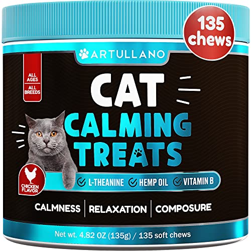 Hemp Cat Calming Treats - Cat Anxiety Relief - Storm Anxiety, Сomposure, Grooming, Separation, Travel - Calming Aid for Cats with Hemp Oil, L-Theanine - Cat Melatonin - Made in USA - 135 Soft Chews