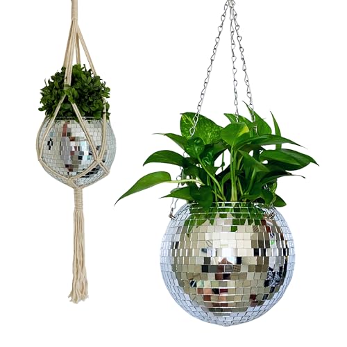 United World Creations Disco Ball Hanging Planter | Retro Decor Planter with Wood Stand, Chain and Macrame Plant Hanger | Large 8 inch Silver with Drainage Hole