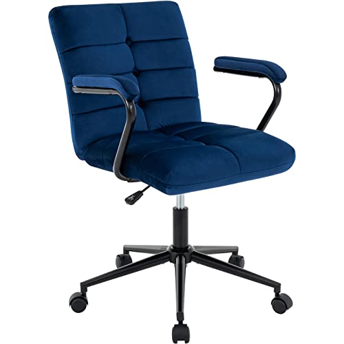 MFD LIVING Velvet Home Office Desk Chair, Upholstered Adjustable Swivel Task Chair with Wheels, Tufted Mid-Back Computer Chair with Arms, for Study Living Room Vanity (Blue, Black Base)