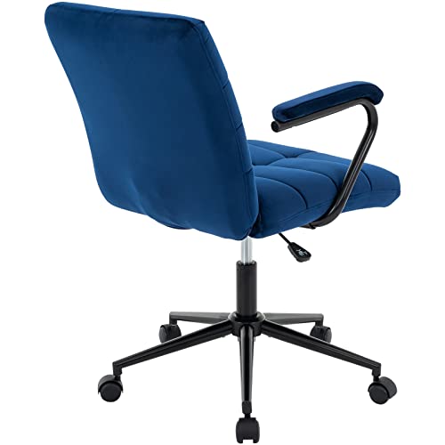 MFD LIVING Velvet Home Office Desk Chair, Upholstered Adjustable Swivel Task Chair with Wheels, Tufted Mid-Back Computer Chair with Arms, for Study Living Room Vanity (Blue, Black Base)