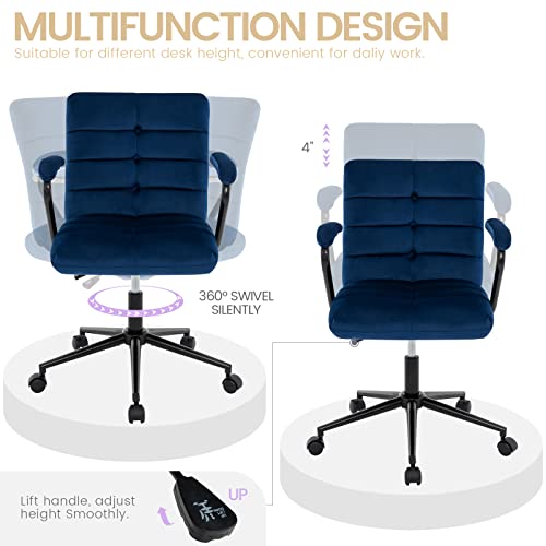 MFD LIVING Velvet Home Office Desk Chair, Upholstered Adjustable Swivel Task Chair with Wheels, Tufted Mid-Back Computer Chair with Arms, for Study Living Room Vanity (Blue, Black Base)