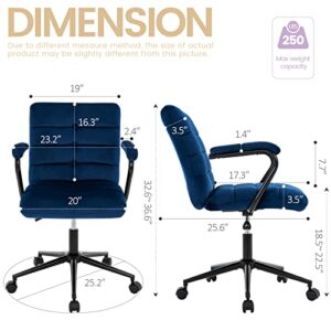 MFD LIVING Velvet Home Office Desk Chair, Upholstered Adjustable Swivel Task Chair with Wheels, Tufted Mid-Back Computer Chair with Arms, for Study Living Room Vanity (Blue, Black Base)