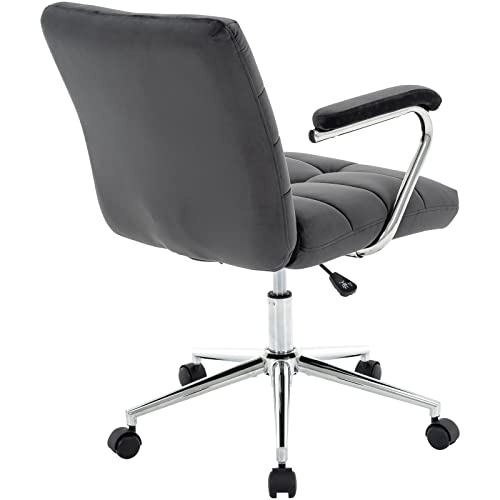 MFD LIVING Velvet Home Office Desk Chair, Upholstered Adjustable Swivel Task Chair with Wheels, Tufted Mid-Back Computer Chair with Arms, for Study Living Room Vanity (Dark Grey)