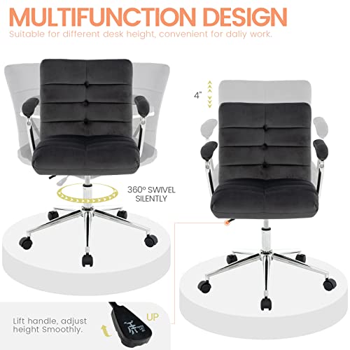 MFD LIVING Velvet Home Office Desk Chair, Upholstered Adjustable Swivel Task Chair with Wheels, Tufted Mid-Back Computer Chair with Arms, for Study Living Room Vanity (Dark Grey)