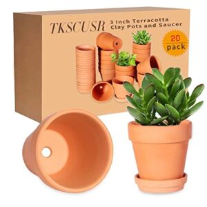 TKSCUSR 3 Inch Terracotta Pots with Saucer-20 Pack，Cactus Terra Cotta Flower Pots with Drainage，Succulent Nursery Clay Pots Great for Plants,DIY Crafts, Wedding Favor