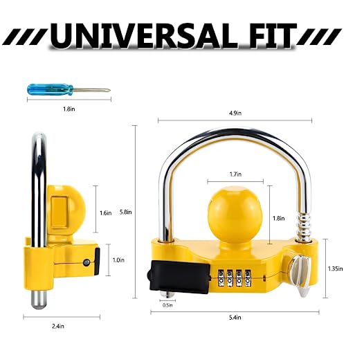 Cenipar Trailer Hitch Lock Universal with Combination Lock, Heavy-Duty Steel Tow Ball Coupler, Fits 1-7/8”, 2”, 2-5/16” Couplers, for Trailer Truck RV SUV Boat Yellow