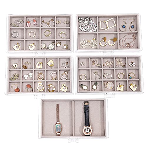 Cq acrylic Earring Jewelry Organizer with 5 Drawers,Clear Acrylic Jewelry Box for Women,Velvet Earring Display Holder for Earrings Ring Bracelet Necklace,Birthday and Christmas Gift,Grey