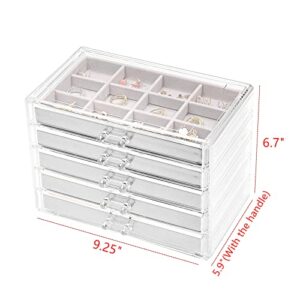 Cq acrylic Earring Jewelry Organizer with 5 Drawers,Clear Acrylic Jewelry Box for Women,Velvet Earring Display Holder for Earrings Ring Bracelet Necklace,Birthday and Christmas Gift,Grey