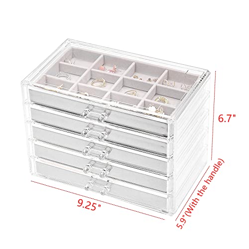 Cq acrylic Earring Jewelry Organizer with 5 Drawers,Clear Acrylic Jewelry Box for Women,Velvet Earring Display Holder for Earrings Ring Bracelet Necklace,Birthday and Christmas Gift,Grey