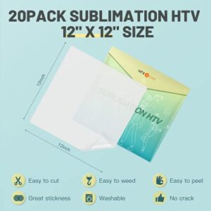 HTVRONT Clear HTV Vinyl for Sublimation, 20 Pack 12" X 12" Matte Sublimation Vinyl for Cotton Fabric, Wash Durable Clear Dye Sub HTV for Light-Colored T Shirts