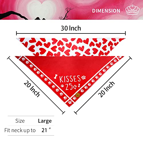 CROWNED BEAUTY Valentines Day Dog Bandanas Large 2 Pack,Kisses Adjustable Triangle Holiday Plaid Reversible Scarves for Medium Large Extra Large Dogs Pets DB15