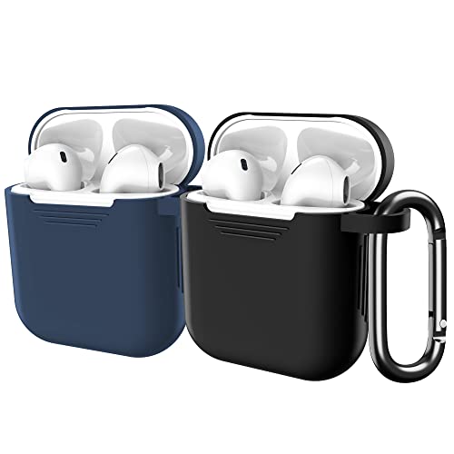 AirPods1st/2ndCase with Lanyard TPU Shockproof Full-Body Protective Case Cover Soft RubberTexture for AirPods 1st/2nd Generation (Black+Dark Blue)