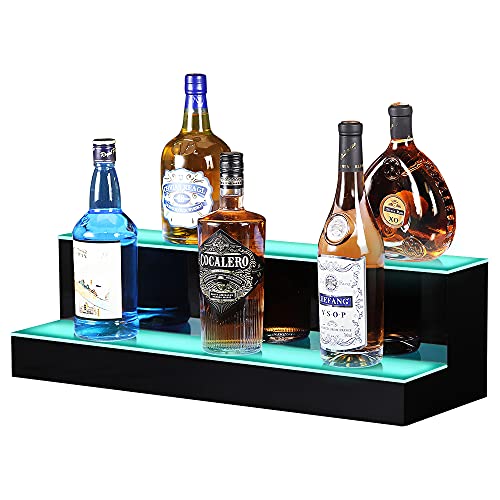 Ageszoe Acrylic LED Liquor Bottle Display Shelf 24 Inch 2 Step Acrylic Lighted Bar Shelf with RF Remote Controller for Home Commercial Bar Countertop Display Stand (2 Tier, 24 inch)