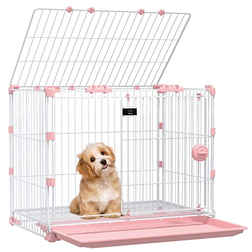 VARLNALY 30 Inches Basic Cat Dog Crate, Medium Dog Kennel with Double Door and Drawer Leak-Proof Tray, Sturdy Carbon Steel Pet Cage for Medium Dogs Cats Rabbit, Pink