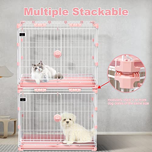 VARLNALY 30 Inches Basic Cat Dog Crate, Medium Dog Kennel with Double Door and Drawer Leak-Proof Tray, Sturdy Carbon Steel Pet Cage for Medium Dogs Cats Rabbit, Pink