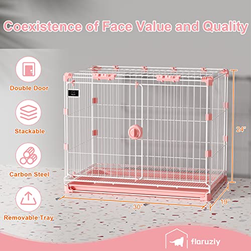 VARLNALY 30 Inches Basic Cat Dog Crate, Medium Dog Kennel with Double Door and Drawer Leak-Proof Tray, Sturdy Carbon Steel Pet Cage for Medium Dogs Cats Rabbit, Pink