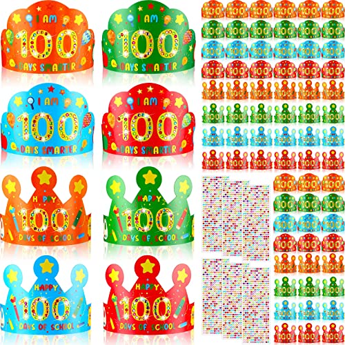 72 Pcs 100th Day of School Crowns with 6 Sheets Acrylic Rhinestone Stickers DIY 100 Days Paper Party Hat Happy Adhesive Rhinestones Paper Crowns for Kid 100 Days of School Celebration Party Favors