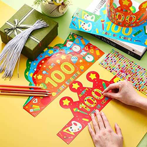 72 Pcs 100th Day of School Crowns with 6 Sheets Acrylic Rhinestone Stickers DIY 100 Days Paper Party Hat Happy Adhesive Rhinestones Paper Crowns for Kid 100 Days of School Celebration Party Favors