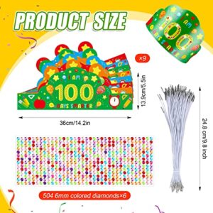 72 Pcs 100th Day of School Crowns with 6 Sheets Acrylic Rhinestone Stickers DIY 100 Days Paper Party Hat Happy Adhesive Rhinestones Paper Crowns for Kid 100 Days of School Celebration Party Favors