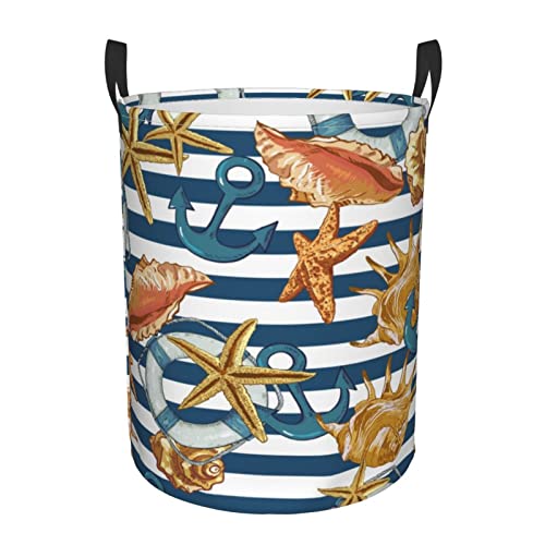 Laundry Basket,Summerwith Sea Shells Anchor,Large Canvas Fabric Lightweight Storage Basket/Toy Organizer/Dirty Clothes Collapsible Waterproof For College Dorms-Large