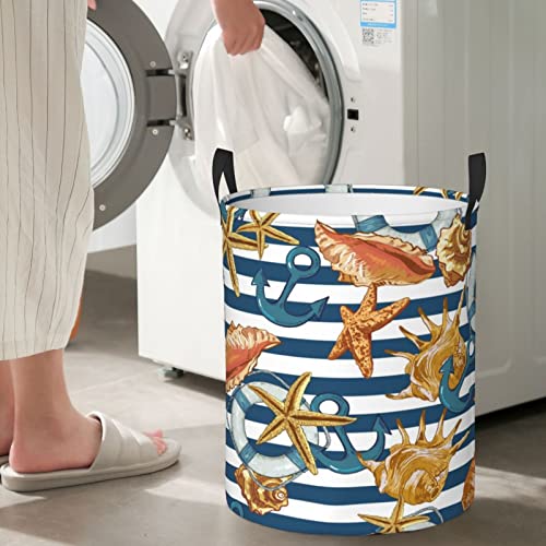 Laundry Basket,Summerwith Sea Shells Anchor,Large Canvas Fabric Lightweight Storage Basket/Toy Organizer/Dirty Clothes Collapsible Waterproof For College Dorms-Large