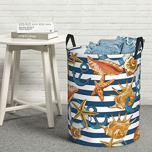 Laundry Basket,Summerwith Sea Shells Anchor,Large Canvas Fabric Lightweight Storage Basket/Toy Organizer/Dirty Clothes Collapsible Waterproof For College Dorms-Large