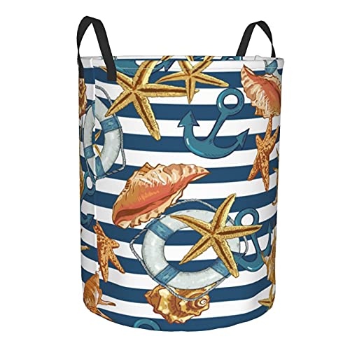 Laundry Basket,Summerwith Sea Shells Anchor,Large Canvas Fabric Lightweight Storage Basket/Toy Organizer/Dirty Clothes Collapsible Waterproof For College Dorms-Large