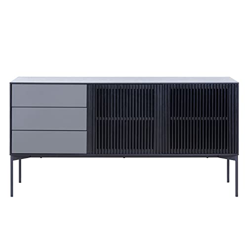 WILLIAMSPACE 62.4" Mid-Century Wood Cabinet Buffet Sideboard with 3 Drawers & 2 Solid Wood Louvered Doors & 4 Storages, Floor Storage Cabinet, Side Standing Cupboard - Matte Black & Grey