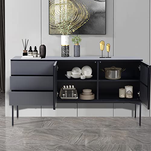 WILLIAMSPACE 62.4" Mid-Century Wood Cabinet Buffet Sideboard with 3 Drawers & 2 Solid Wood Louvered Doors & 4 Storages, Floor Storage Cabinet, Side Standing Cupboard - Matte Black & Grey