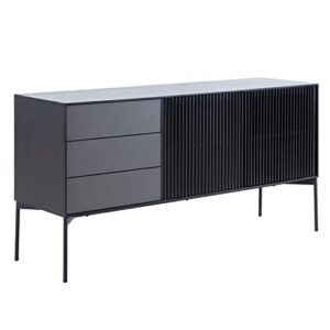 WILLIAMSPACE 62.4" Mid-Century Wood Cabinet Buffet Sideboard with 3 Drawers & 2 Solid Wood Louvered Doors & 4 Storages, Floor Storage Cabinet, Side Standing Cupboard - Matte Black & Grey