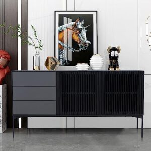 WILLIAMSPACE 62.4" Mid-Century Wood Cabinet Buffet Sideboard with 3 Drawers & 2 Solid Wood Louvered Doors & 4 Storages, Floor Storage Cabinet, Side Standing Cupboard - Matte Black & Grey