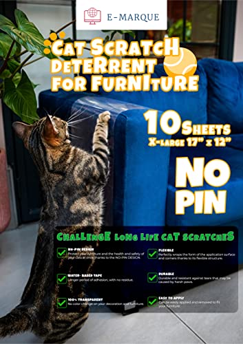 Cat Scratch Furniture Protector- No Pin | Pet Repellent for Couch | One Side Tape Sheets, 17x12 Inches E-MARQUE (Pack of 10)