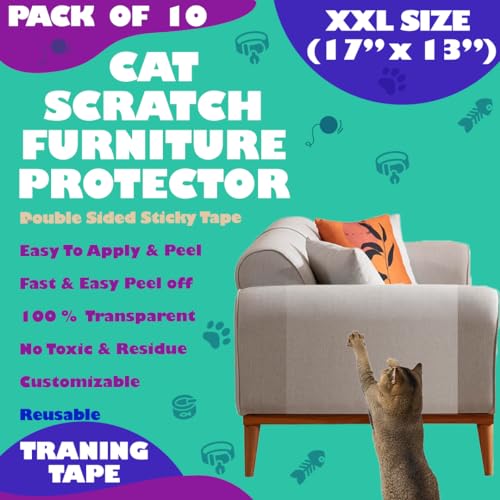 Cat Scratch Furniture Protector- No Pin | Pet Repellent for Couch | One Side Tape Sheets, 17x12 Inches E-MARQUE (Pack of 10)