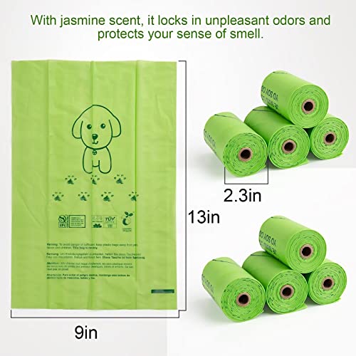 Dog Poop Bags with Jasmine Scent 100% Leak-proof, BPI Certified Biodegradable Poop Bags for Dogs, 13 x 9 Inches Extra Thick Poop Bags, 120 counts 8 Rolls, Green