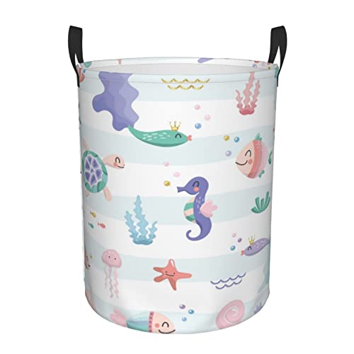 Laundry Basket,Sea Fish Characters Cartoon,Large Canvas Fabric Lightweight Storage Basket/Toy Organizer/Dirty Clothes Collapsible Waterproof For College Dorms-Large